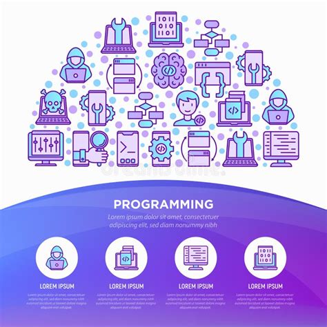 Programming Concept In Half Circle With Thin Line Icons Developer