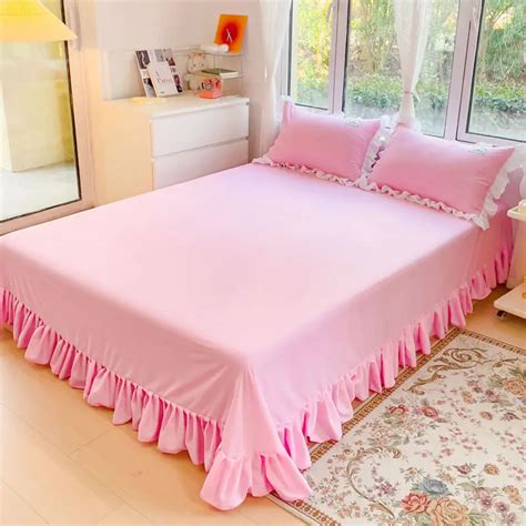 Princess Lace Ruffles Bed Flat Sheets Solid Color Bedspread Girls