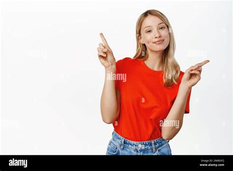 Choice Decision Cute Smiling Blond Girl Pointing Sideways Showing