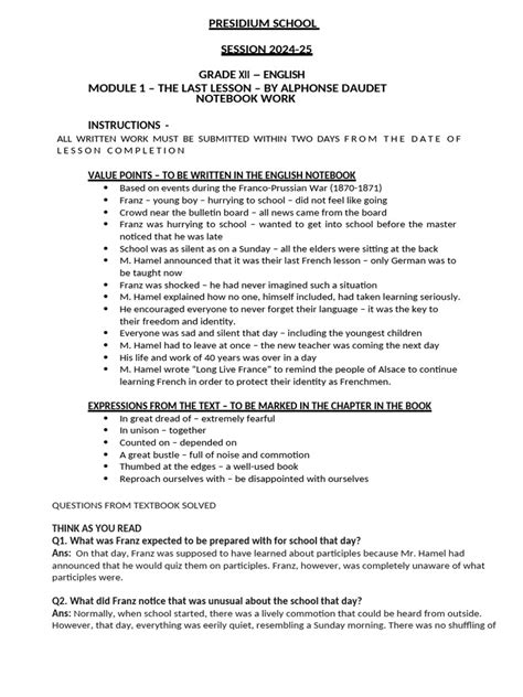 The Last Lesson Notebook Work Pdf