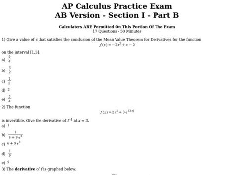 Ap Calculus Practice Exam Worksheet For 11th 12th Grade Lesson Planet