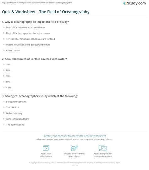 Quiz And Worksheet The Field Of Oceanography