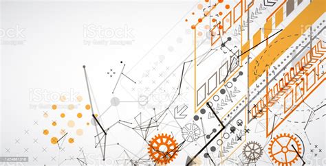 기술 및 과학 주제에 대한 추상적 인 배경 텍스트 아래에 있는 장소가 있는 다양한 테크노 디테일이 있는 플렉서스 효과 벡터 형식입니다 개발에 대한 스톡 벡터 아트 및 기타