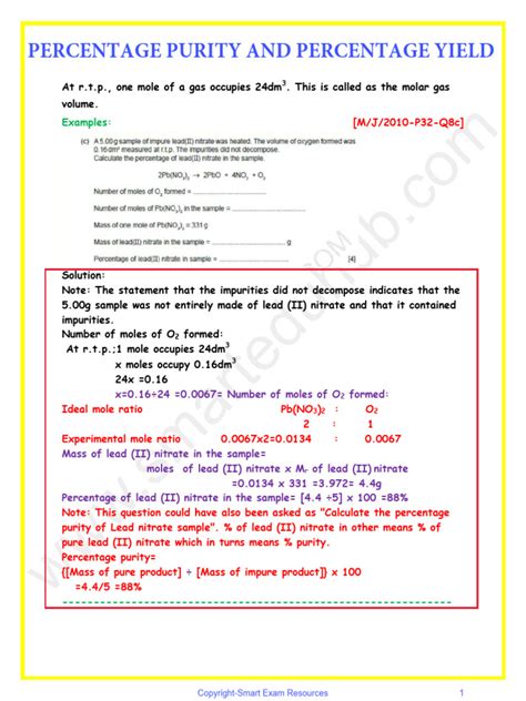 3 3 7 Igcse Chemistry Notes Percentage Purity And Percentage Yield Pdf Mole Unit Percentage