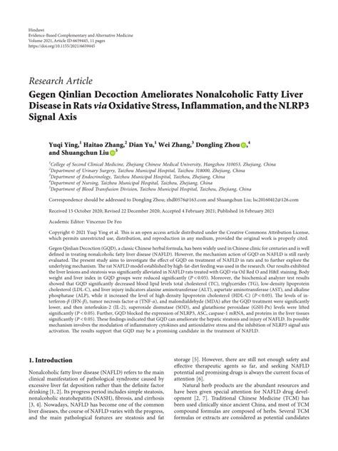 Pdf Gegen Qinlian Decoction Ameliorates Nonalcoholic Fatty Liver