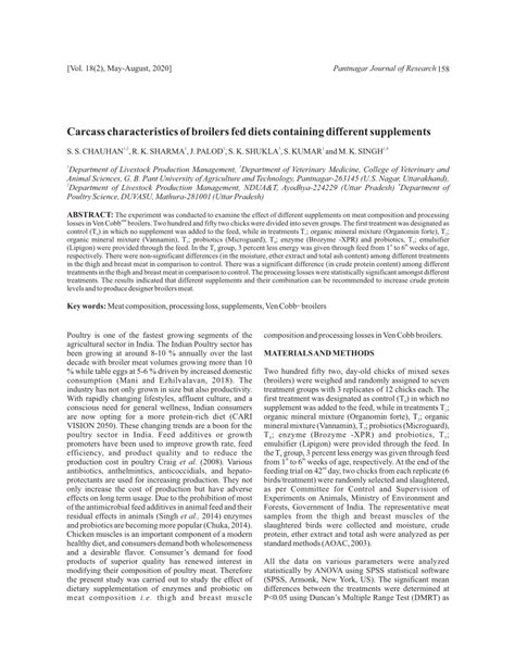 Pdf Carcass Characteristics Of Broilers Fed Diets Containing Different Supplements
