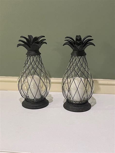 Pair 2 ~ Cast Iron And Glass Pineapple Lighted Lanterns