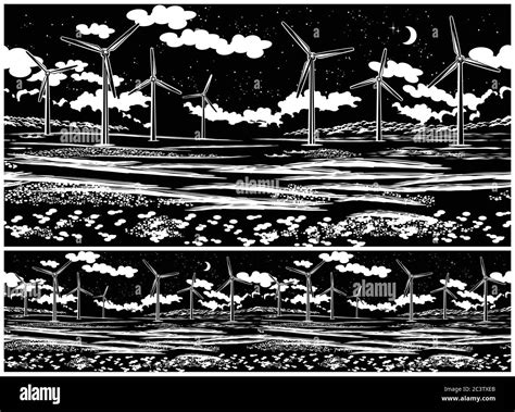 Illustration Of A Picturesque Field With Wind Generators At Night