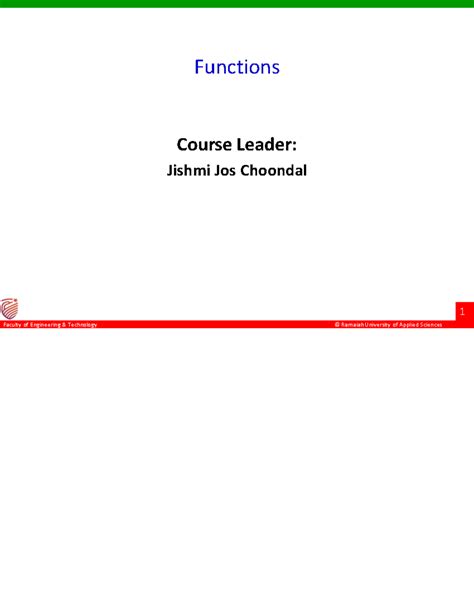 09 Functions Cse 1 1 Functions Course Leader Jishmi Jos Choondal 2