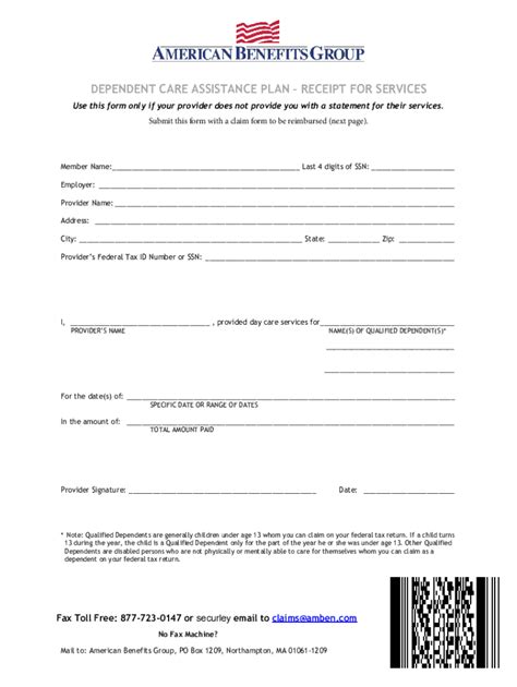 Fillable Online Claim Form Dependent Care Assistance Day Care Fax