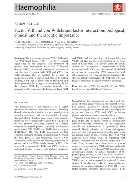 Factor Viii And Vwf Pdf Coagulation Platelet