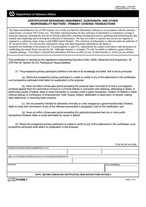 Va Form 10 0388 7 Certification Regarding Debarment Suspension And