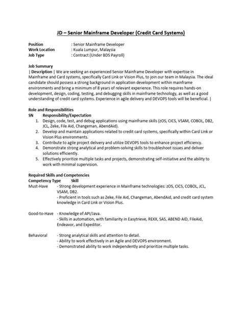 Jd Senior Mainframe Developer Credit Card Systems Pdf Jd Senior Mainframe Developer Credit Card Systems Pdf