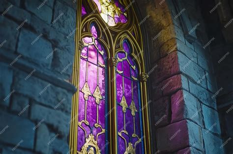 Purple Stained Glass Window With Gold Trim Premium Ai Generated Image