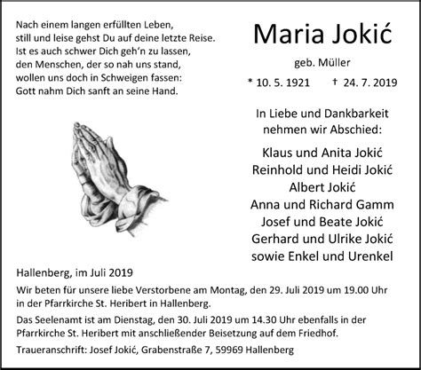 Traueranzeigen Von Maria Jokic Trauer In Nrw De