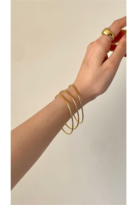 Opia Jewelry Üçlü Düz Model Gol Renk Çelik Ajdar Bilezik 22cm