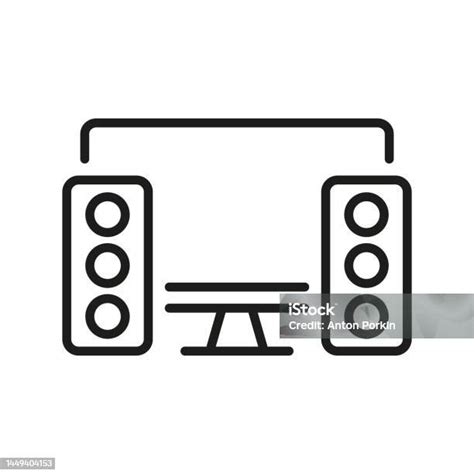 스피커 라인 아이콘이 있는 Pc 데스크탑 컴퓨터 및 음향 장비 선형 픽토그램 개인 서버 하드웨어 및 음악 스피커 개요 기호입니다 편집 가능한 획 고립된 벡터 그림 가정