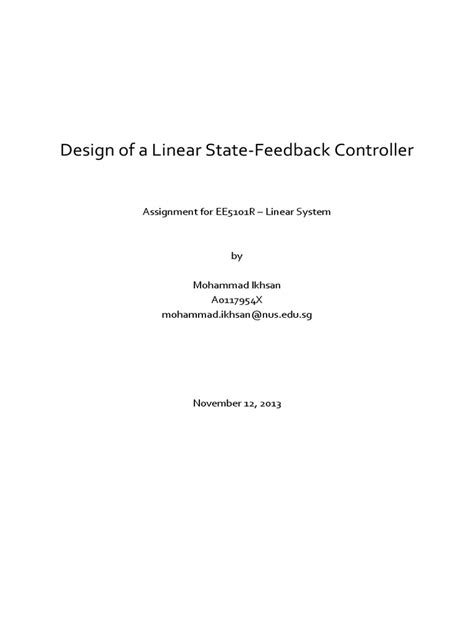 Design Of A Linear State Feedback Controller Pdf Control Theory