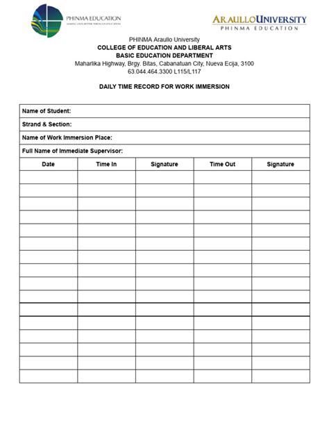 Daily Time Record Dtr Work Immersion Pdf