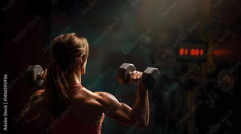 A Side View Captures The Moment A Female Bodybuilder Locks Out A