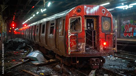 Derelict Subway Train With Smashed Windows And Damaged Exterior