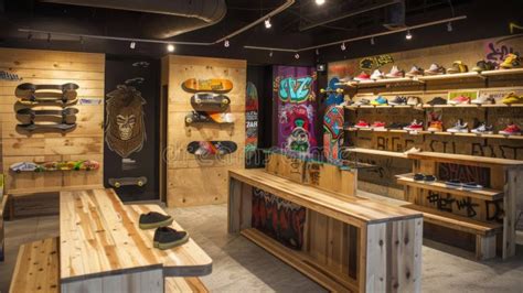 Skateboard Shop With Wooden Benches And Shelves Stock Image Image Of