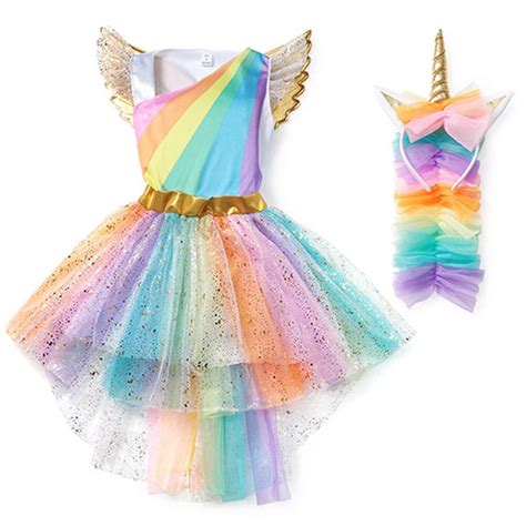 Girls Unicorn Costume Dress Rainbow Halloween Fancy Dress With Wing Set