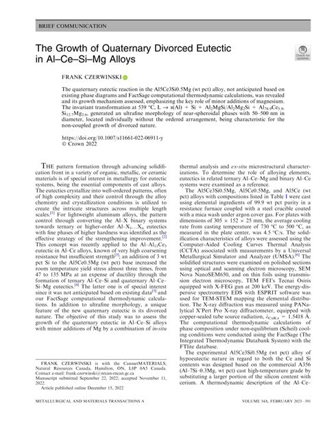 Pdf The Growth Of Quaternary Divorced Eutectic In Alcesimg Alloys
