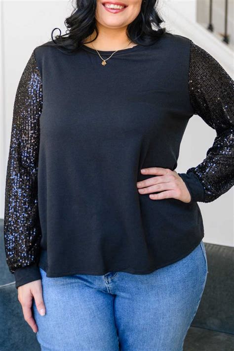 Black Sequin Contrast Long Sleeve Plus Size Top Long Sleeve Short