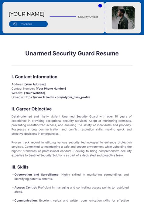 Free Unarmed Security Guard Resume Template To Edit Online
