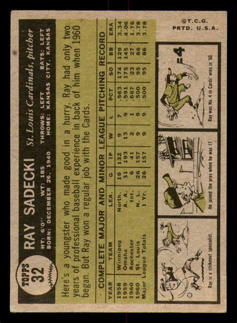 1961 Topps 32 Ray Sadecki Excellent Id 390809 Scottsdale Cards 2021