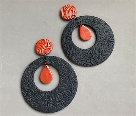 Large Black Brass Textured Polymer Clay Hoop Earrings Handmade