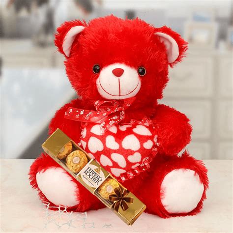 Small Red Teddy Bear Luv Flower And Cake