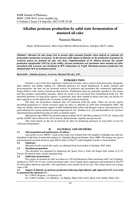 Pdf Alkaline Protease Production By Solid State Fermentation Of