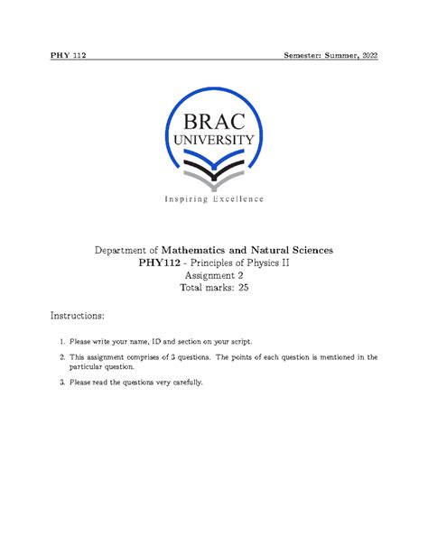 Phy 112 Assignment 2 Fundamental Sub Phy 112 Semester Summer 2022
