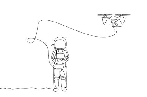 Premium Vector One Single Line Drawing Astronaut Playing Drone Plane Radio Control In Moon
