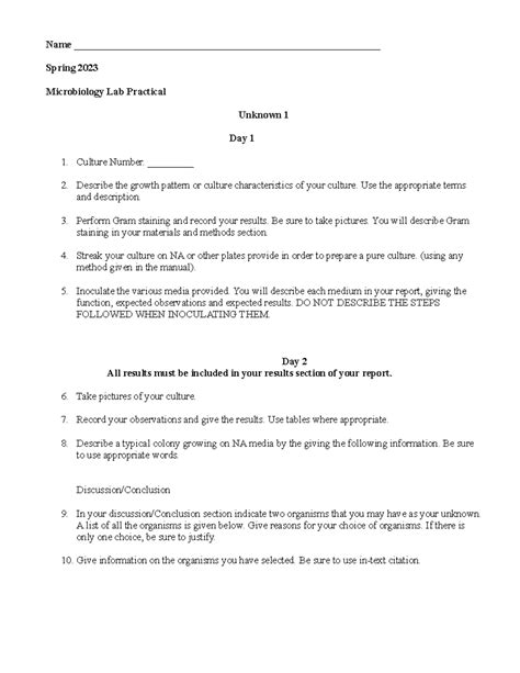 Microbiology Lab Practical 1 Unknown Guidelines Instructions