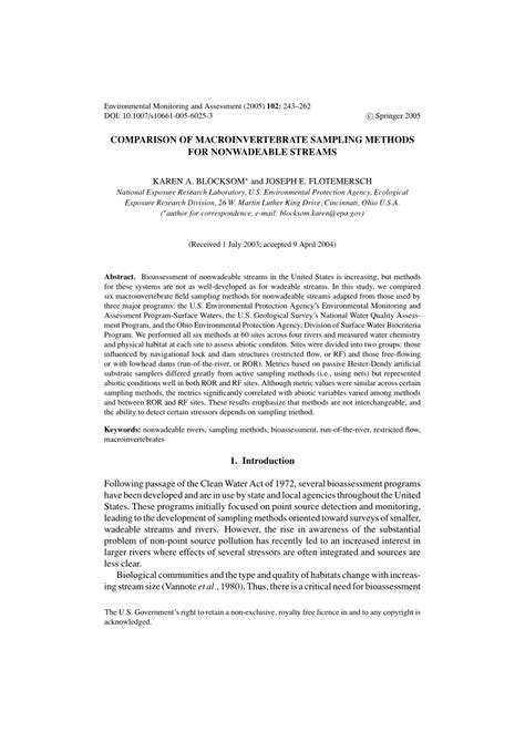 Pdf Comparison Of Macroinvertebrate Sampling Methods For Nonwadeable