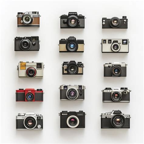 A Series Of Small Realistic Cameras Arranged In A Grid On A White