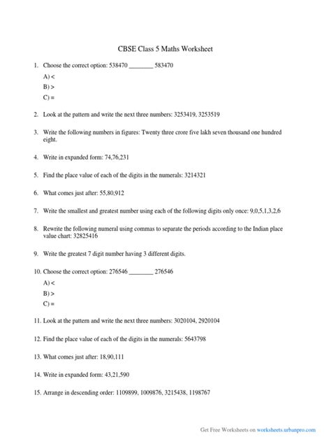 Class 5 Cbse Maths Worksheet 1 Pdf