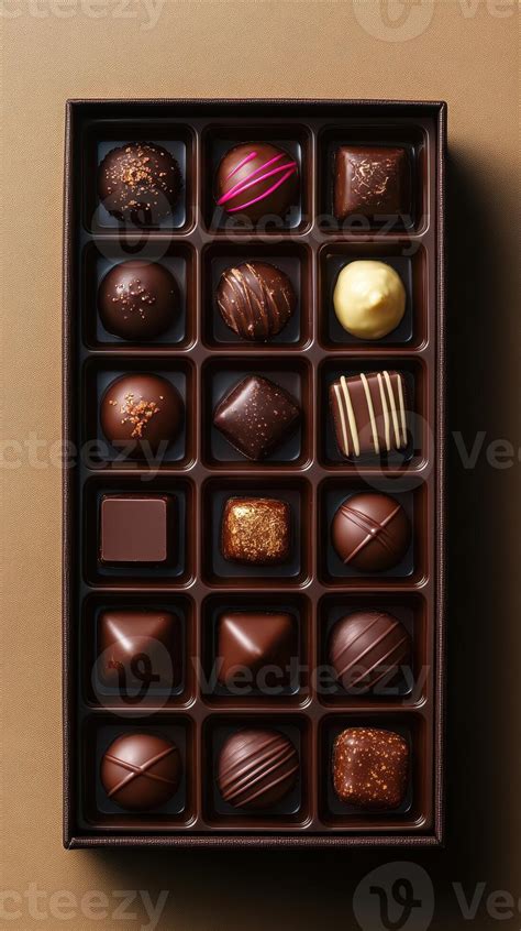 Assorted Gourmet Chocolates In A Neatly Arranged Box Showcasing A