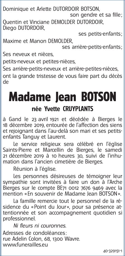 Avis De Décès De Jean Botson Décédé Le 18 12 2019 à Bierges Annonce Condoléances Fleurs Etc