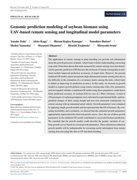 Pdf Genomic Prediction Modeling Of Soybean Biomass Using Uav‐based