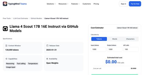 Github Models Llama 4 Scout 17b 16e Instruct Api Pricing Calculator