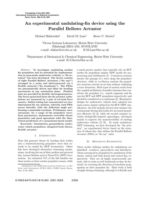 Pdf An Experimental Undulating Fin Device Using The Parallel Bellows Actuator