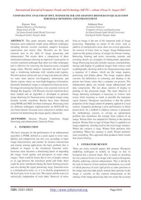 Pdf Comparative Analysis Of Dwt Weiner Filter And Adaptive Histogram
