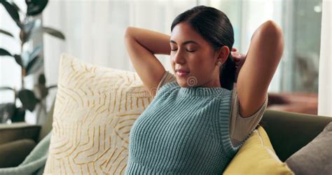Woman Couch And Resting Peace In Home For Weekend Comfort Or Day Off
