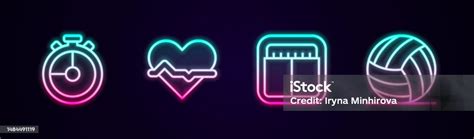 세트 라인 스톱워치 심박수 스포츠 기계식 스코어 보드 및 배구 공 빛나는 네온 아이콘입니다 벡터 배구에 대한 스톡 벡터 아트 및 기타 이미지 Istock