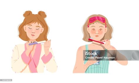아름다움 일상 생활 손톱을 닦고 치아를 청소하는 소녀 만화 벡터 일러스트 레이 션 닦기에 대한 스톡 벡터 아트 및 기타 이미지 닦기 만화 메이크업 화장품 Istock