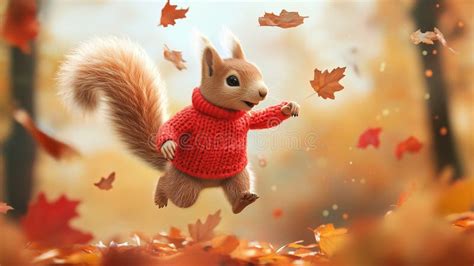 Happy 3d Squirrel Wearing A Bright Red Sweater Joyfully Jumps Through